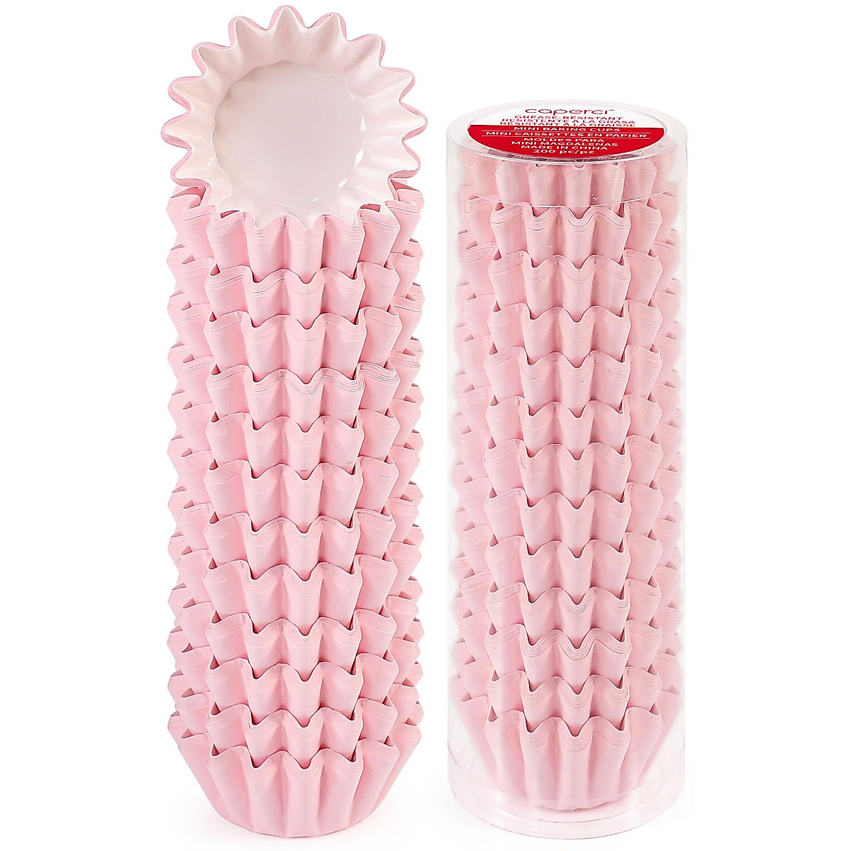 Caperci Grease-Resistant Pink Mini Cupcake Liners 200 Counts - Heavy Duty Paper Muffin Baking Cups, Odorless, No Muffin Pan Needed, Easily Peels (Pink)