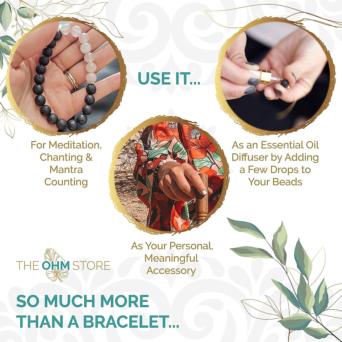 Ohm Store Lava Stone and Rose Quartz Bracelet for Women — Diffuser Bracelet for Essential Oils — Handmade Energy Bracelet for Meditation, Stress Relief and Mantra Bead Recitation