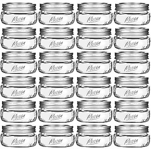 24 Pack Mason Jars 8 oz - Wide Mouth Mason Jars with Silver Metal Airtight Lids and Bands, Glass Canning Jar for Canning, Pickling, Preserving, Jam, Honey, DIY Decor, Shower Favors