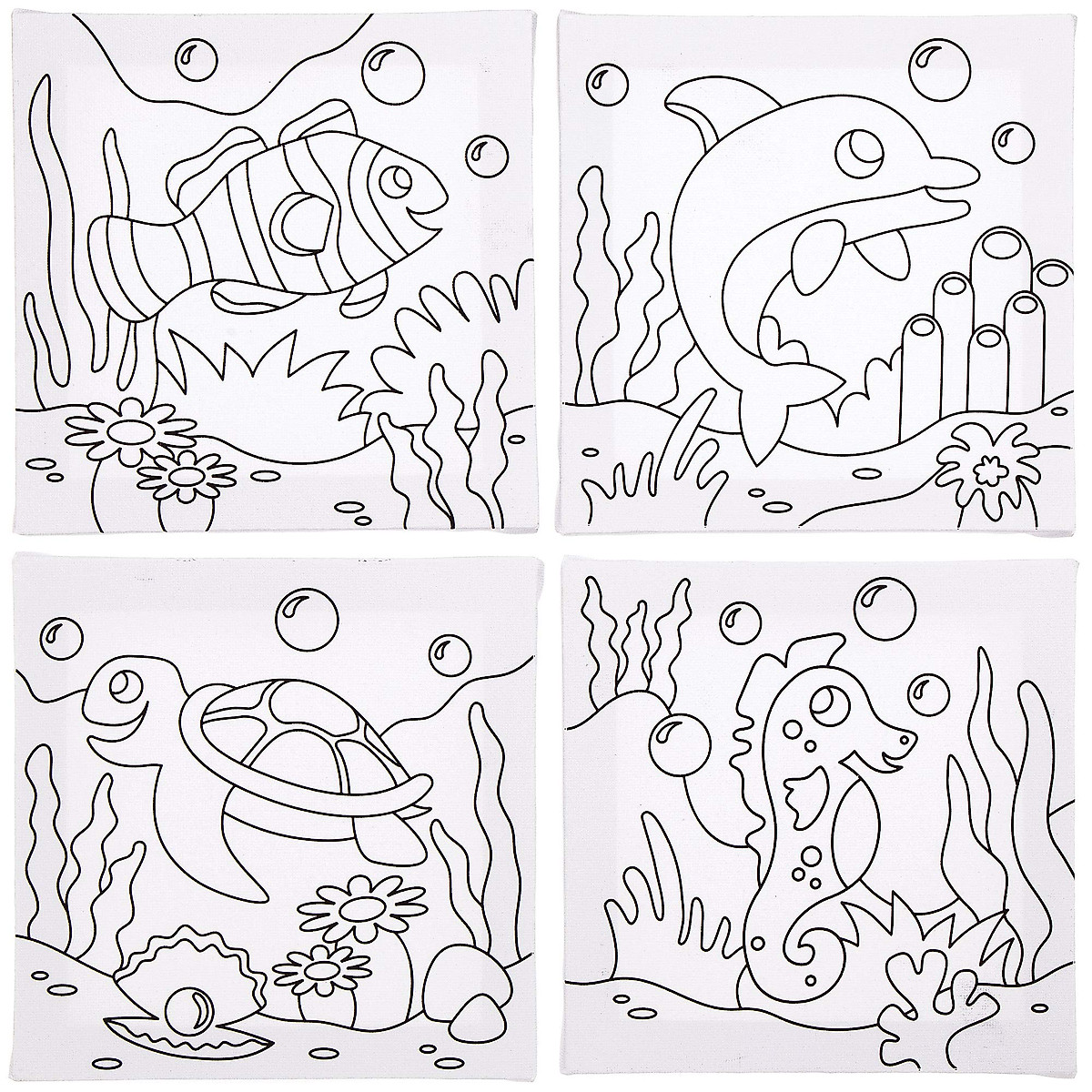 Baker Ross AT940 Sealife Color in Pictures for Kids - Pack of 4, Kids Canvases for Painting, Coloring and Craft Project Displays
