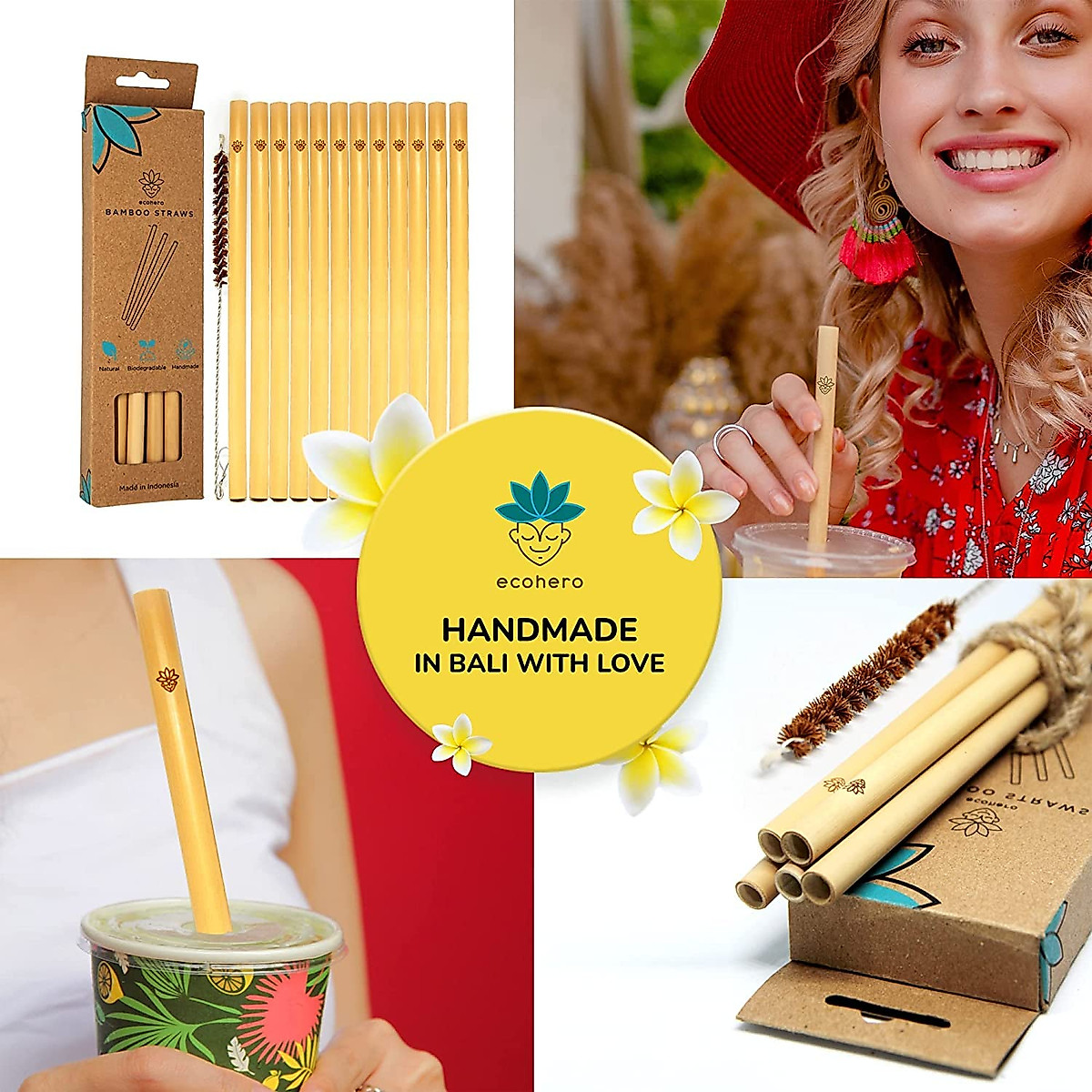 Reusable Bamboo Straws ECOHERO| Reusable Straw Cleaning brush, Handcrafted Bamboo Straw| Eco-Friendly Straws with Zero-Waste Packaging Biodegradable Straws Thick Organic Straws| 12 units large straws.