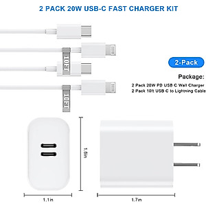 USB C Fast Charger,[MFi Certified] 2 Pack 40W Dual Port Charger Fast Charging with 10 FT Long Type C to Lightning Cable 20W PD Power Adapter for iPhone 14 13 12 11 Pro Xs Xr X 8 Block