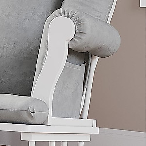 Child Craft Cozy Glider Rocker and Ottoman Set, Padded Cushion with Storage Pockets, Solid Wood Base, Matte White with Light Gray Cushion