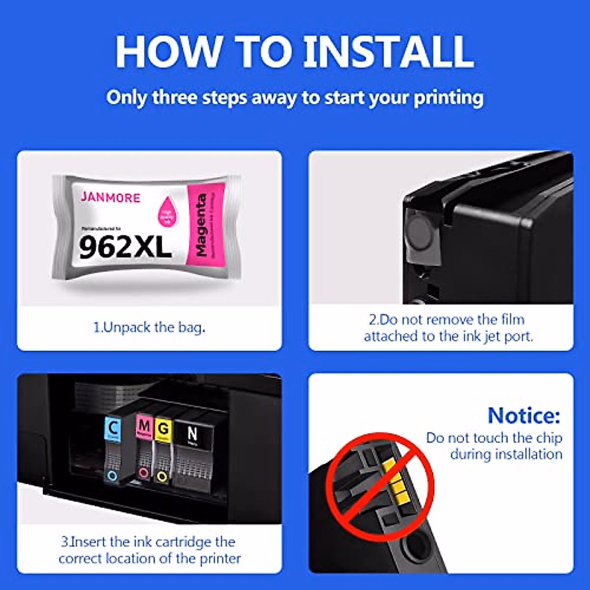 JANMORE Remanufactured Ink Cartridge Replacement for HP 962 962XL, Black Cyan Magenta Yellow, for HP OfficeJet Pro 9010, 9012, 9015, 9015e, 9018, 9019, 9020, 9025e, 9027, 9029 Printers (4 Pack)