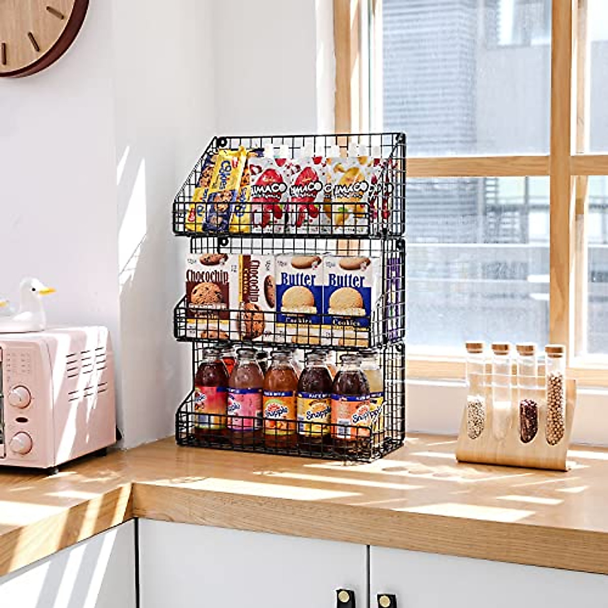 3 Tier Stackable Tea Bag Organizer with 3 Divinder 5 Hooks Metal Wire Basket Snack Rack Holder Countertop Caddy Bin Wall Mount Shelf for Office Kitchen Cabinet Pantry Patent Pending