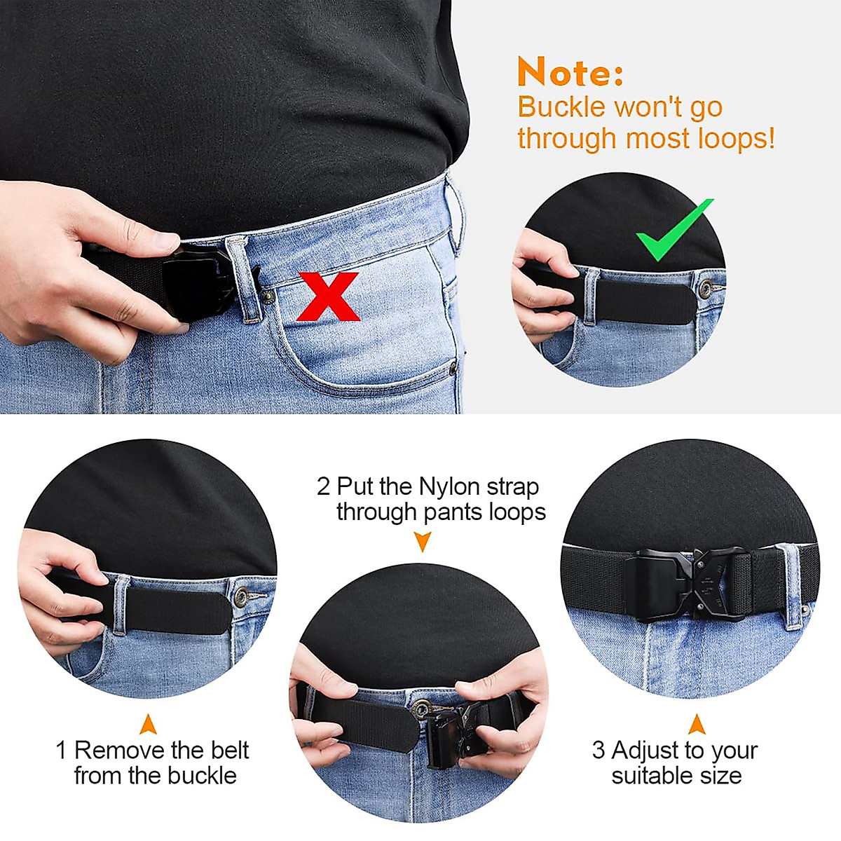 YWHCHI Belt Men's Stretch Nylon Belt - Ideal for Hiking, Work Adjustable Web tactical Belt (Black, L(for fits Pant Size 36''-38''))