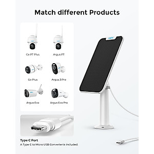 REOLINK 3W Solar Panel Power Designed for Wireless Outdoor Security Camera Solar Powered Cameras, 6V Type C Port, Compatible with Argus Eco/Go PT Plus/Argus 3 Pro/Argus PT, Non-Stop Charging (White)