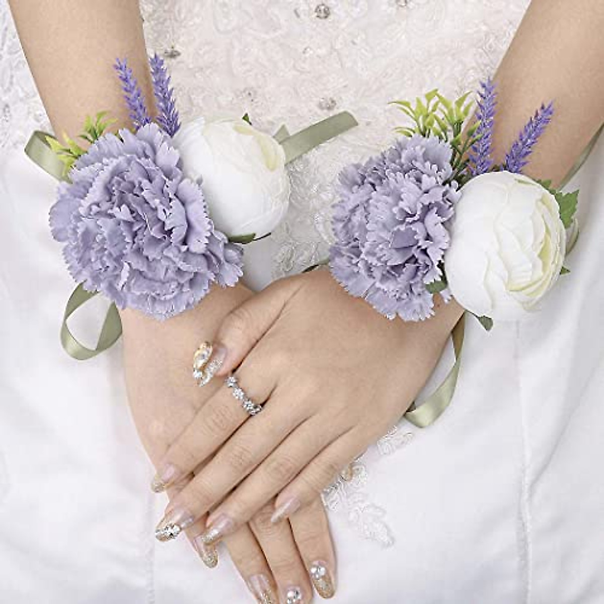 Campsis Set of 2 Wedding Bride Rose Flower Wrist Corsage White Handmade Leave Hand Flower Bride Bridal Bridesmaid Wristlet for Engagement Prom Party Beach Photography