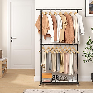 Sywhitta Double Rod Clothing Garment Rack, Rolling Coat Hanger with Bottom Mesh, Clothing Rack for Hanging Clothes, Coats, Skirts, Sweaters, Black