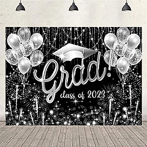Ticuenicoa 7x5ft Silver Black Congrats Grad Backdrop for Photoshot Class of 2023 Congratulations Graduation Party Decor Silver Photography Background Prom Photo Booth Props Dessert Table Banner