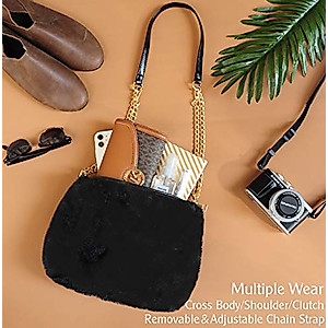 HOXIS Faux Fur Furry Crossbody Shoulder Handbag Clutch Purse (Black)