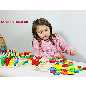 TOWO Wooden Geometric Shapes Stacking Rings and Fractions Boards 8 in 1 Set Puzzles- Shape Sorter Sorting Toy Stacking Game – Montessori Materials Educational Learning Toys for 3 4 5 6 Years