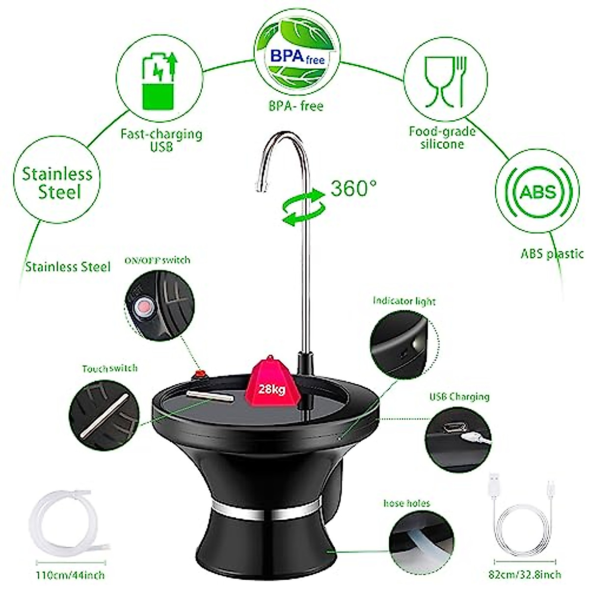 Christmas Water Dispenser, Automatic Electric Drinking Water Bottle Pump for 1-5 Gallon Jug– USB Rechargeable – Ultra-Hygienic BPA-Free Water Kettle Dispenser, Portable for Home Office Camping (black)