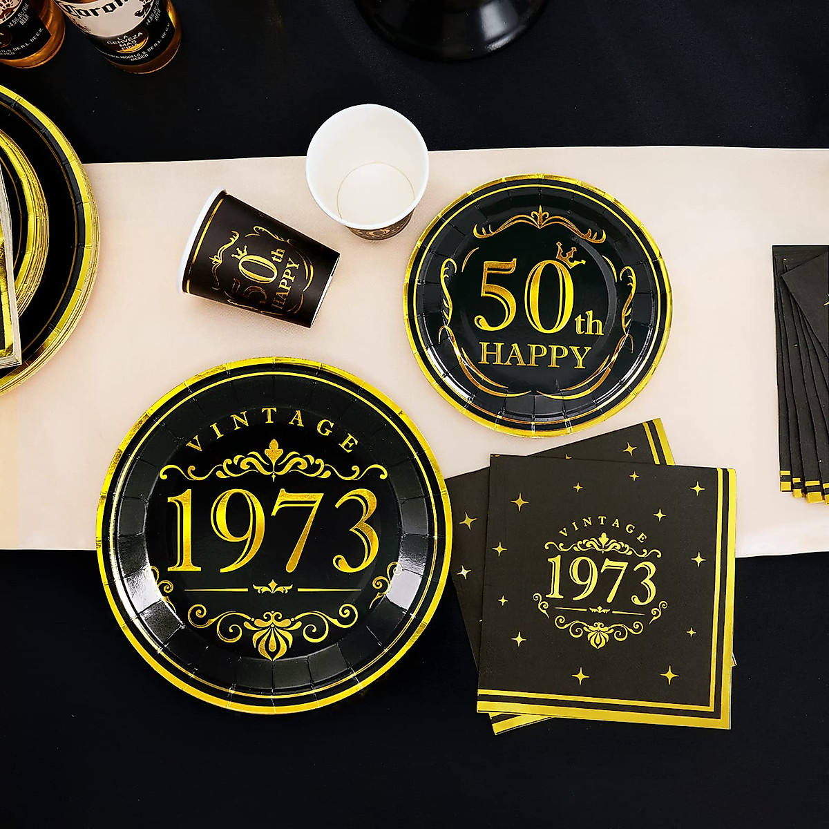 50th Birthday Party Paper Plates Cup Napkins - 96PCS Disposable Plates Cups Paper Napkins Women Men 50 Years Old Birthday Retirement Party Balck Gold Tableware Serves 24 Guests, 9” Plates, 7” Plates
