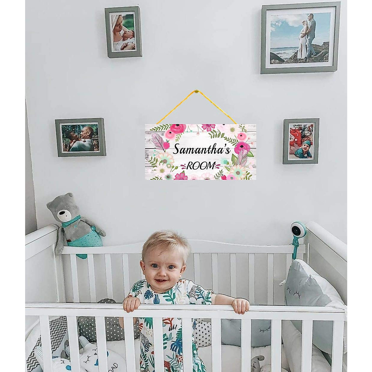 Personalized Floral Name Signs for Girls Room Girls Bedroom Door Hanging Wooden Signs Custom Baby Name with Flowers Door Hanger Baby Nursery Room Decor Kid Room Decor