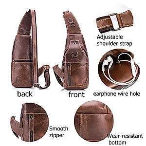 BULLCAPTAIN Genuine Leather Men Sling Crossbody Bag Multi-pocket Chest Bag Casual Travel Hiking Sling Backpack with Earphone Hole (Brown)