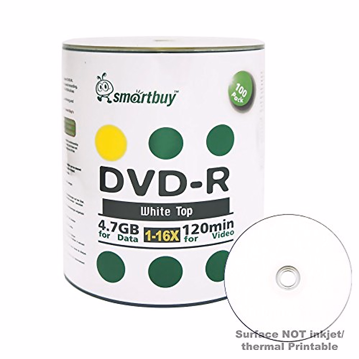 Smartbuy 4.7gb/120min 16x DVD-R White Top Blank Data Video Recordable Media Disc (100-Disc)