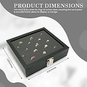Novel Box Ring Display Glass Case Black 8.25x7.25x2 Inches with 36-Slot Black Ring Foam Insert - Travel Ring Case with Metal Clasp - Jewelry Box to Keep Rings Dust Free & Secure