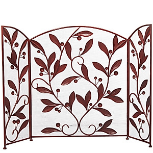 Deco 79 Metal Foldable Mesh Netting 3 Panel Fireplace Screen with Leaf and Vine Relief, 45" x 1" x 30", Brown