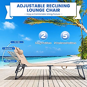 Tangkula Outdoor Beach Chaise Lounge, Folding Lounge Chair with 5-Position Backrest, Sunbathing Recliner with Tanning Face Hole & Removable Pillow for Patio Deck Poolside (2, Beige)