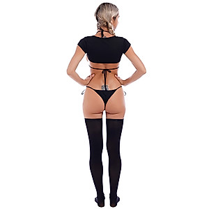 ABAFIP Women's Cute Kawaii Bikini Lingerie Set Yes Daddy Japanese Anime Cosplay Micro Tiny Bra G-String Crop Top Stockings 4 pieces underwear 2#Black - 4pcs stocking One Size