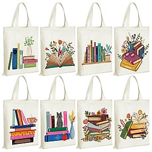 Sweetude 8 Pack Canvas Book Tote Bag Bulk Library Grocery Bag Aesthetic Book Lovers Club Gifts Librarian Bookish Gifts for Readers(Book)