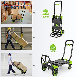 330LB Folding Hand Truck Heavy Duty Carrying, Combination of Four Wheels and Two Wheels Convertible Dolly Cart with Retractable Handle Dolly for Moving Office Carts(Green)
