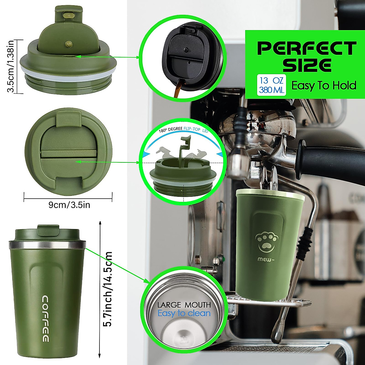 IWANGDS Leak Proof Travel Coffee Mug, Insulated Coffee Mug with Lid, Stainless Steel Vacuum Tumbler, Reusable Coffee Cup for Keep Hot Ice Drinks, 13oz Cute Mini Thermos with Cat Paw Pattern (Green*1)