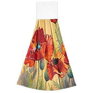 YYZZH Red Poppy Flower Watercolor Floral Print Design Kitchen Hand Towels with Hook & Loop Set of 2 Absorbent Bath Hand Towel Hanging Tie Towel