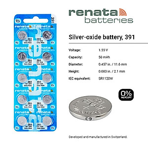 Renata 391 SR1120W Batteries - 1.55V Silver Oxide 391 Watch Battery (2 Count)