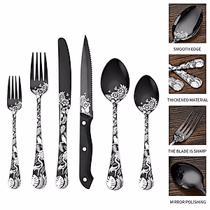 24 Piece Black Patterned Silverware Set Food-Grade Stainless Steel Cutlery Set With Steak Knives Flatware Set for 4 Mirror Polished Tableware Utensil for Home Kitchen Restaurant Ergonomic Durable
