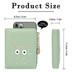 CONISY Cute Wallets for Women, Leather RFID Blocking Small Bifold Wallet with Zipper Coin Purse for Girls and Ladies Womens Wallet (Cat Green)