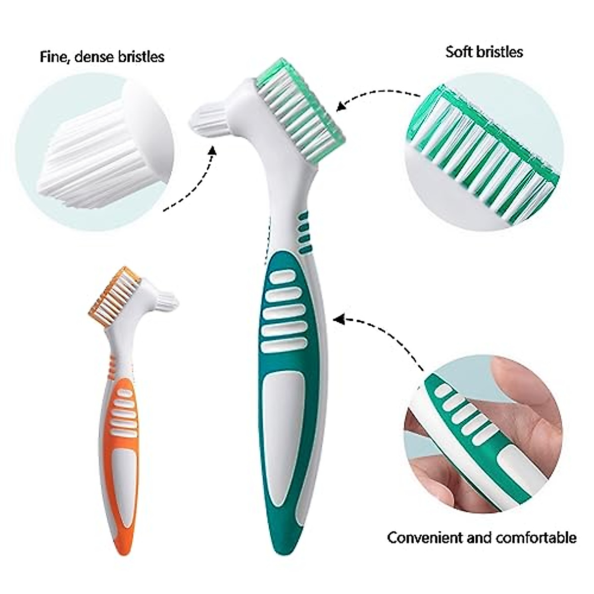 Denture Toothbrush Set, Portable Dual Head Denture Brush with Cover Case, Denture Cleaning Tool Set for Travel, Home and Camping, Dental Cleaning Brush Set for Denture Care False Teeth Cleaner Tool