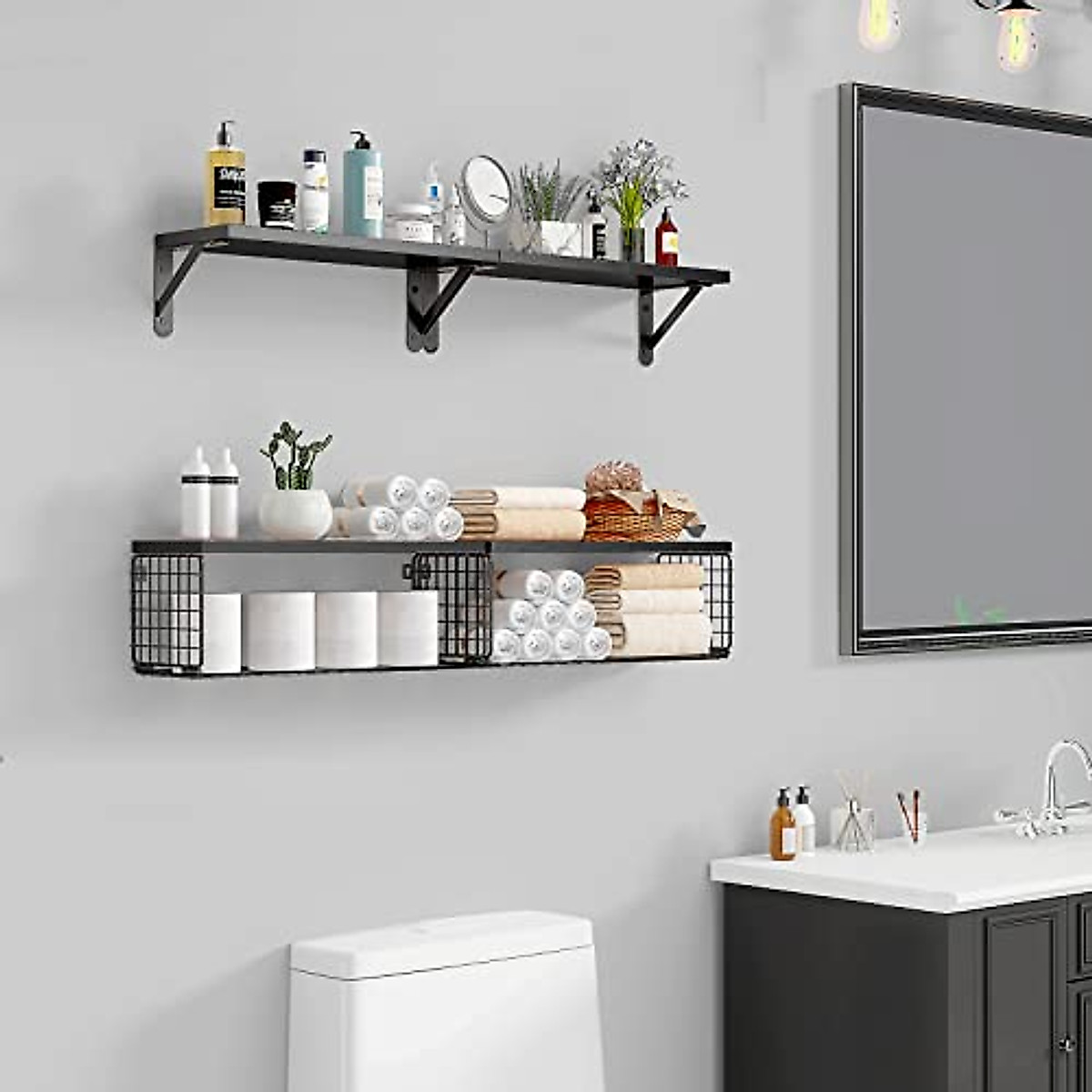 Aiyome, Wall Floating Shelves, Wall Mounted Shelf Set of 4, with Metal Baskets, Rustic Décor Style, Shelf for Bathroom, Kitchen, Bedroom, Storage, Living Room - Black.