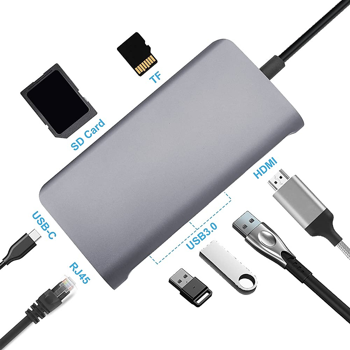 Convenient and Practical 8 in 1 Type-C to HDMI + USB 3.0 x 3 + RJ45 + PD + SD/TF Card Slot HUB Adapter