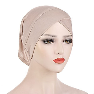 NICEYST 3pcs Women Under Scarf Hijab Cap Islam Muslim Solid Color Cross Turban Inner Hat Soft Stretch Jersey Bonnet Tube Cap (Black+White+Khaki)