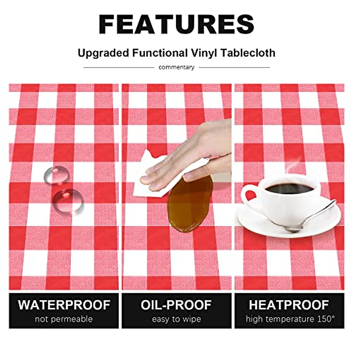 Senneny 3 PCS Fitted Picnic Table Cover and Bench Cover Set, 100% Waterproof Vinyl Tablecloth with Flannel Backing, Red and White Checkered, 30 x 72 Inch