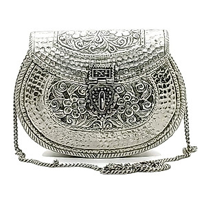 Women gift silver Brass floral design embossed Metal bag Bridal Clutch Party Purse bridal clutch evening bag, Silver