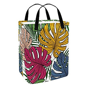Colored Palm Leaves Print Collapsible Laundry Hamper, 60L Waterproof Laundry Baskets Washing Bin Clothes Toys Storage for Dorm Bathroom Bedroom