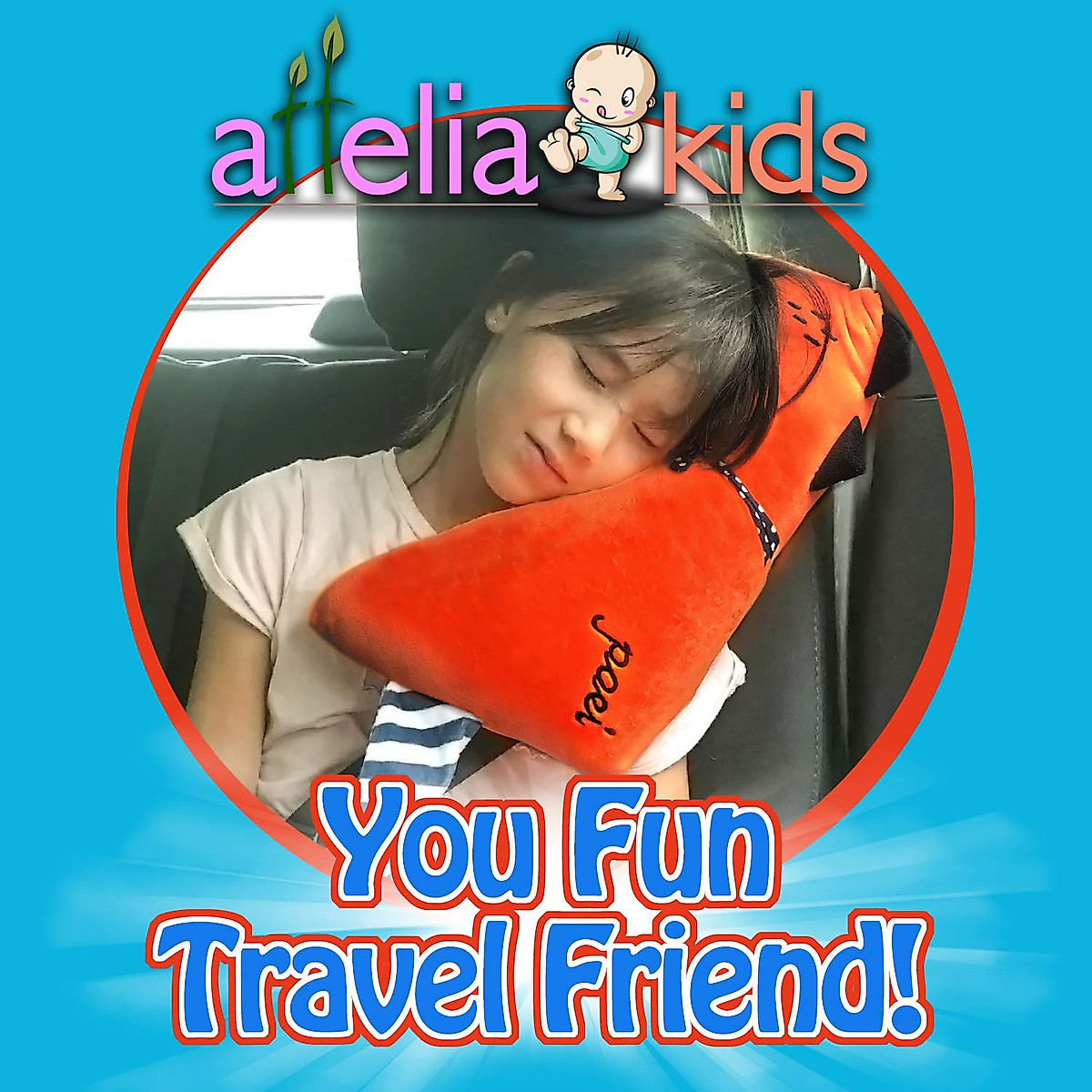 Attelia Kids Car Seat Belt Pillow for Kids, Neck Support Pillow Adjustable Seat Strap Shoulder Pads Road Trip Pillow Seatbelt Buddy (Orange Fox R)