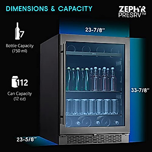 Zephyr 24" Wine Fridge & Beverage Refrigerator Single Zone Under Counter - Mini Wine Cooler Cellars Small Beer Cabinet Drink Chiller Freestanding with French Glass Door Black, 7 Bottles, 112 Cans