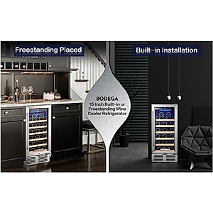 BODEGA Wine Cooler, 15 Inch Mini Fridge Wine Cooler Refrigerator, with Temperature Memory and Digital Temperature Control,Built-in or Freestanding (Double-Layer Glass Door)