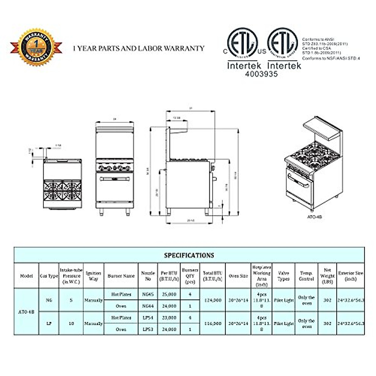 ATOSA US CookRite ATO-4B Liquid Propane Range 24 4 Burner Hotplates With Standard Oven - 116000 BTU
