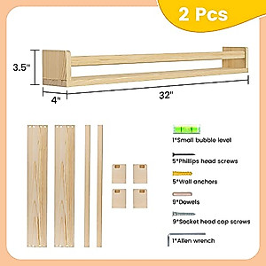 Fun Memories Nursery Book Shelves Set of 2 - Rustic Natural Solid Wood Floating Bookshelf for Kids - Wall Book Shelves Kitchen Spice Rack for Kids Room, Home Decor - Natural Wood - 32 Inch