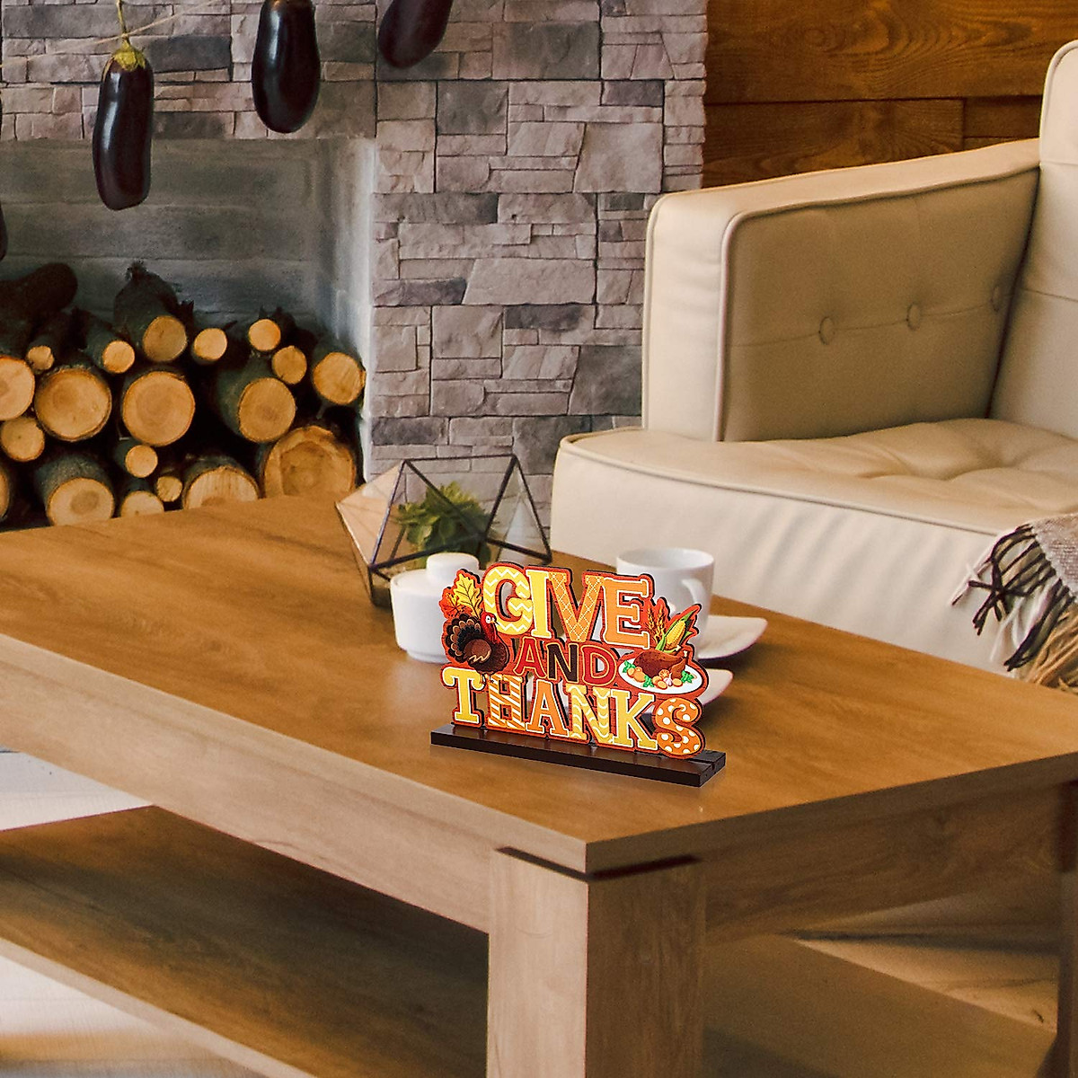 Happy Thanksgiving Sign Thanksgiving Decorations for Table Thanksgiving Table Centerpieces Turkey Decors Pumpkin Signs for Harvest Give and Thanks Wooden Happy Fall Maple, 7.87 x 4.72 Inch