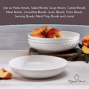 Maison Neuve Premium Porcelain White Dinner Bowls [Set of 4]- 34oz Dinnerware Kitchen Bowls For Soup, Noodle, Pasta, Salad, Cereal, Dessert- Durable Dishwasher-Safe 8.5” Serving Bowls- Textured White