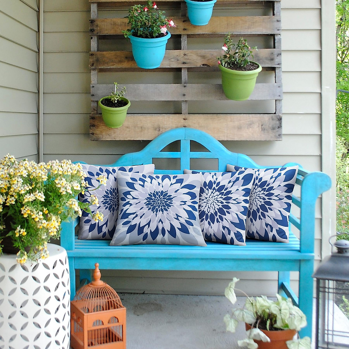 JASEN Outdoor Waterproof Pillow Covers, Blue Floral Outdoor Throw Pillow Cover Set of 4, Boho Double-Sided Decorative Outside Throw Pillows for Patio Furniture Porch Garden Couch Sunbrella