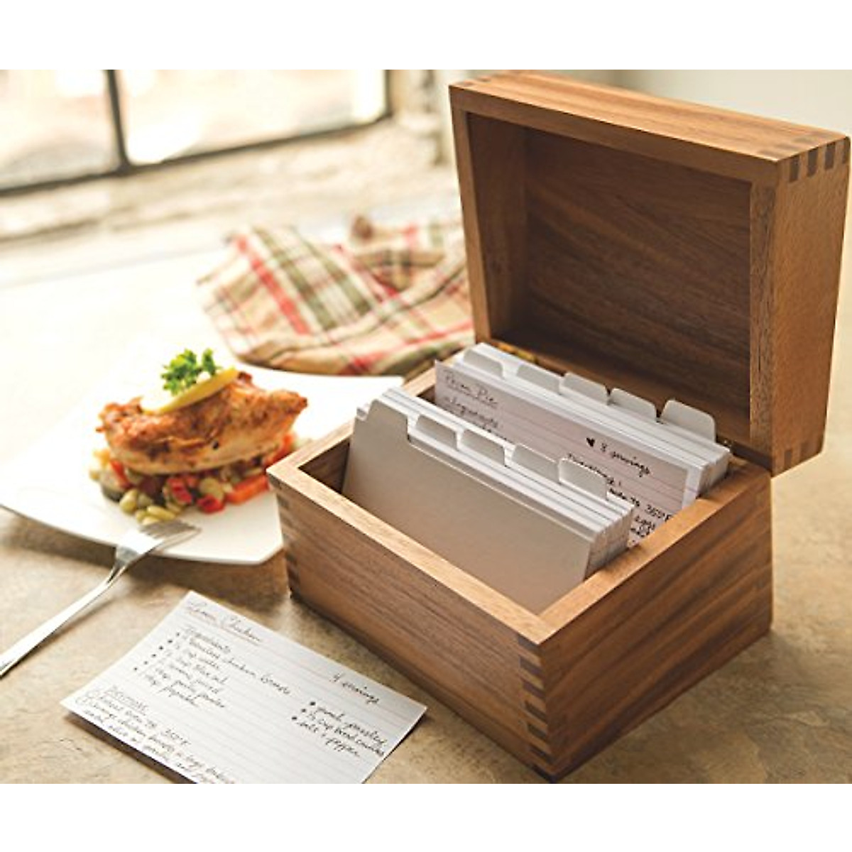 Ironwood Gourmet Acacia Wood Recipe Box with Divider Tabs, 2 Compartment, Single