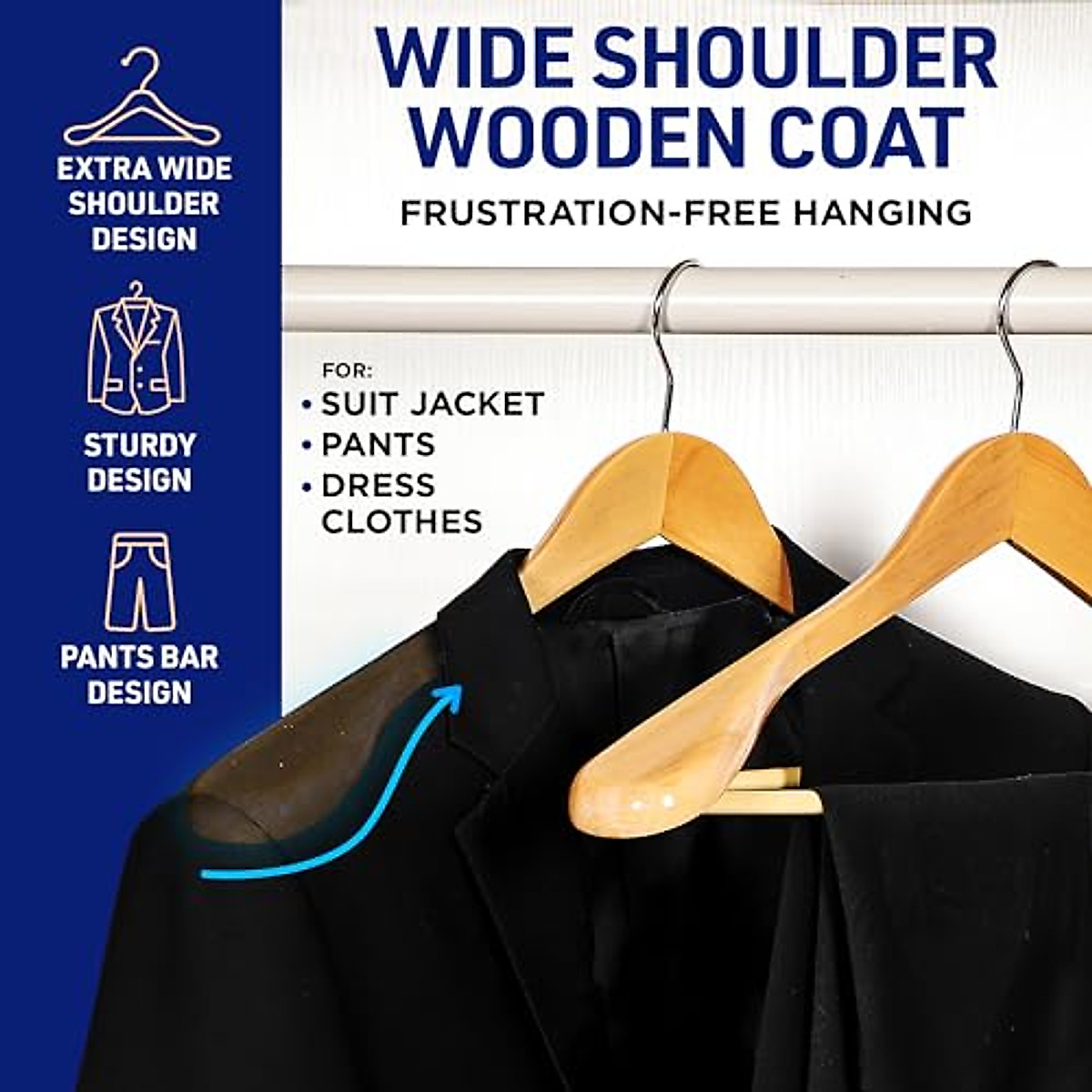 Lifemaster Solid Wooden Hanger Set - 6 Pieces Non-Slip Versatile Closet Space-Saving Hanger Set for Suit, Coat, Camisole, Jacket, Pants, and Dresses with 360° Swivel Hook - Natural Color