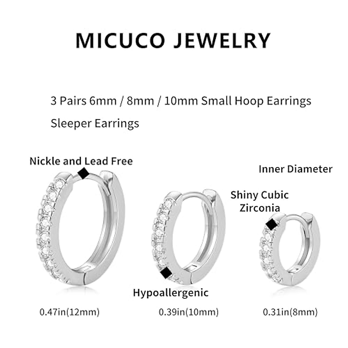 micuco 3 Pairs Small Hoop Earrings Tiny Cartilage Earrings for Women Cubic Zirconia Earrings White Gold Plated Huggie Hoop Ear Piercing Earrings for Men Silver Plated 8mm 10mm 12mm